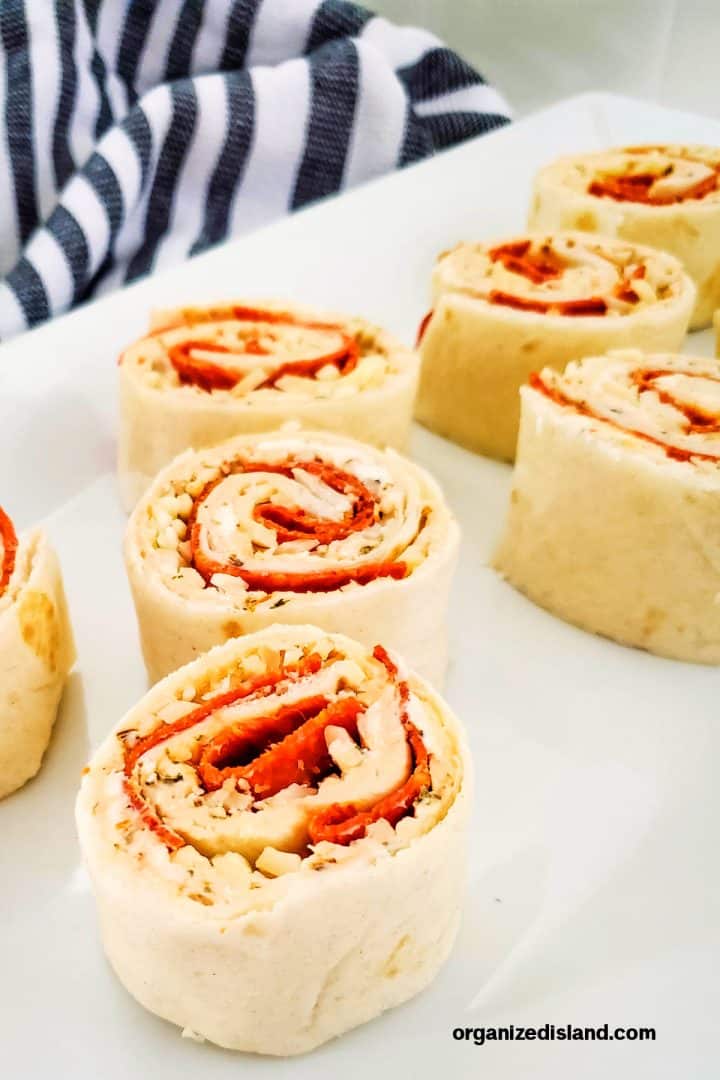 Easy Pepperoni Pizza Tortilla Pinwheels - Organized Island
